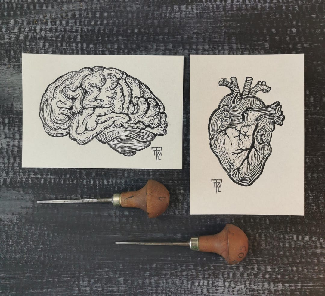 Anatomical Brain and Heart Original Linocut // Anatomy Linoprint - Etsy