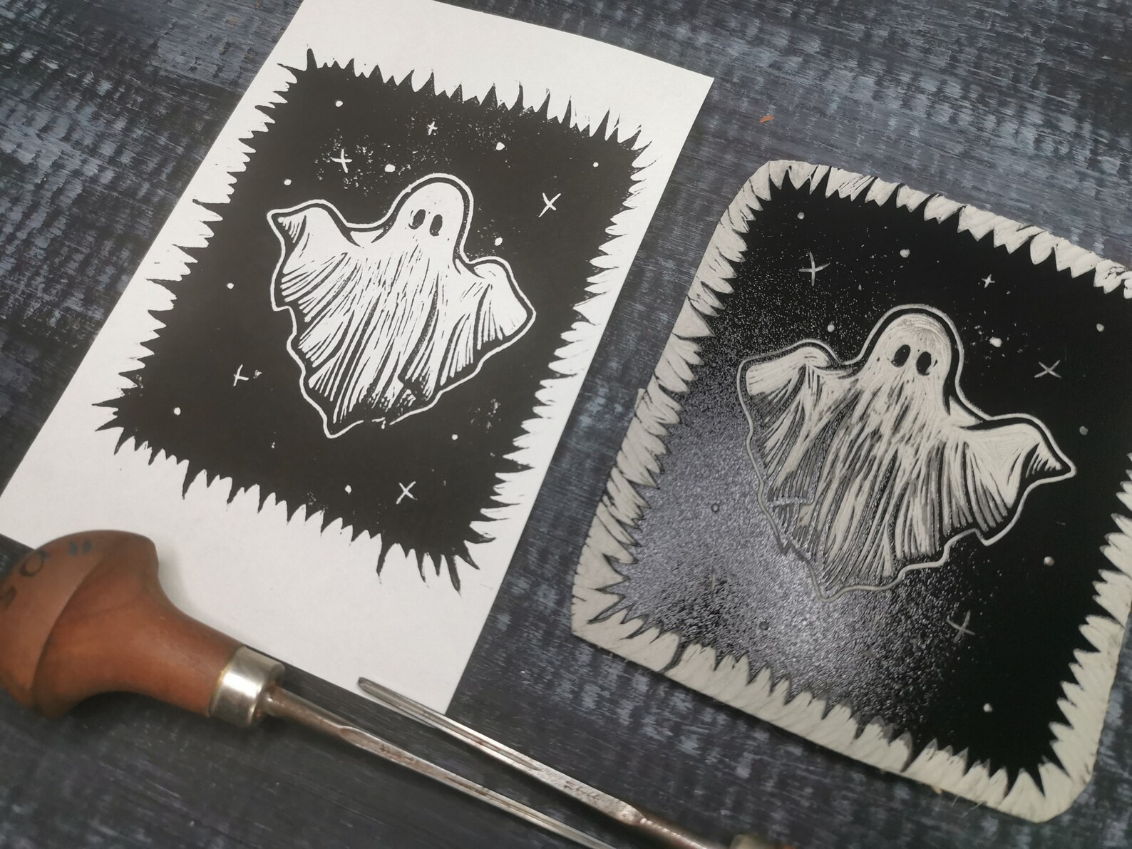 Ghost Original Linocut Print || Hand Printed || Halloween Linocut - Etsy