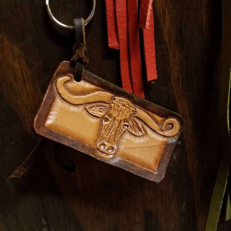 Longhorn Leather Keychain/ Tooled Leather Keychain/ Western - Etsy