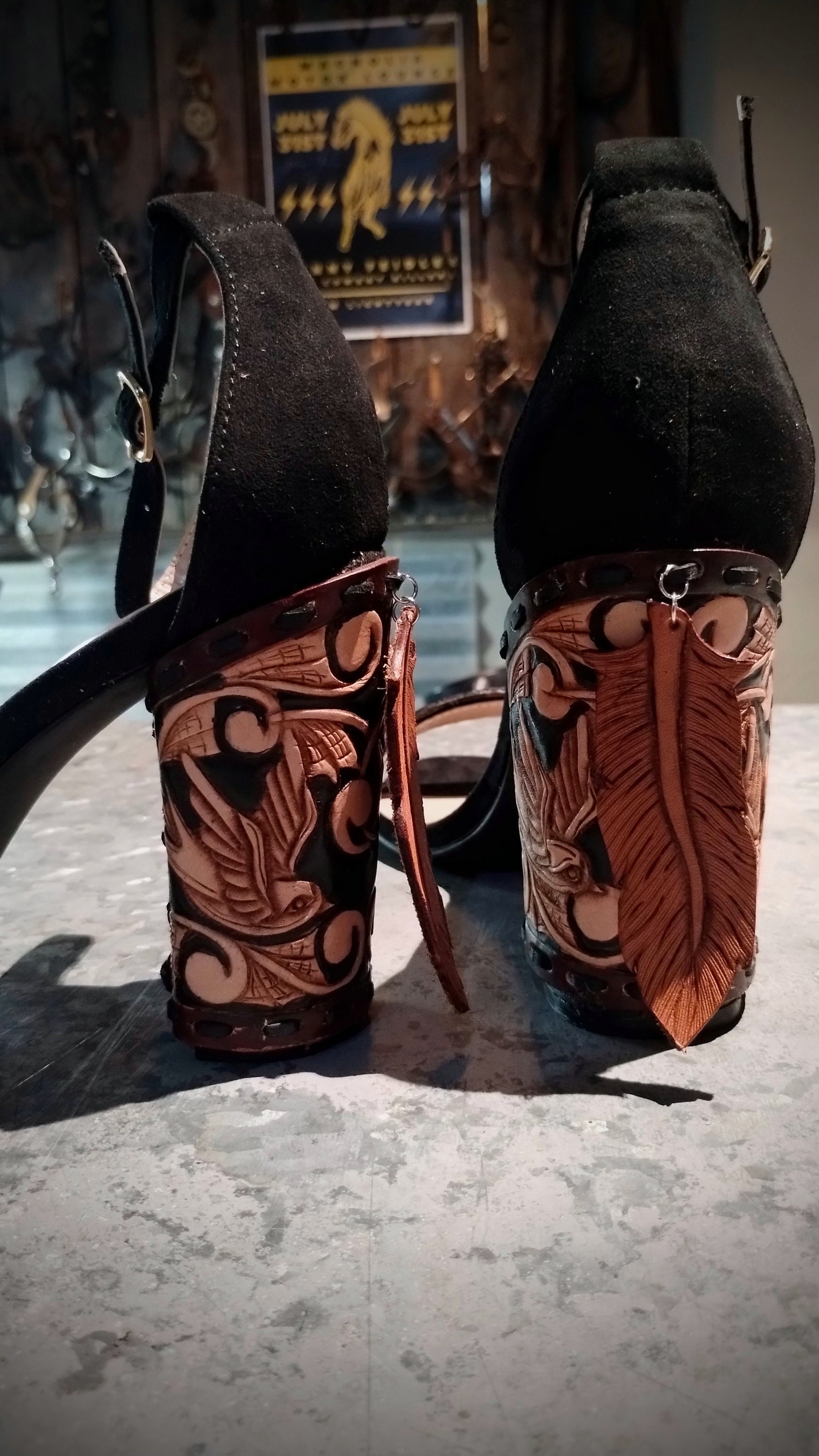 Tooled Leather High Heels/ High Heels With Feather Design - Etsy