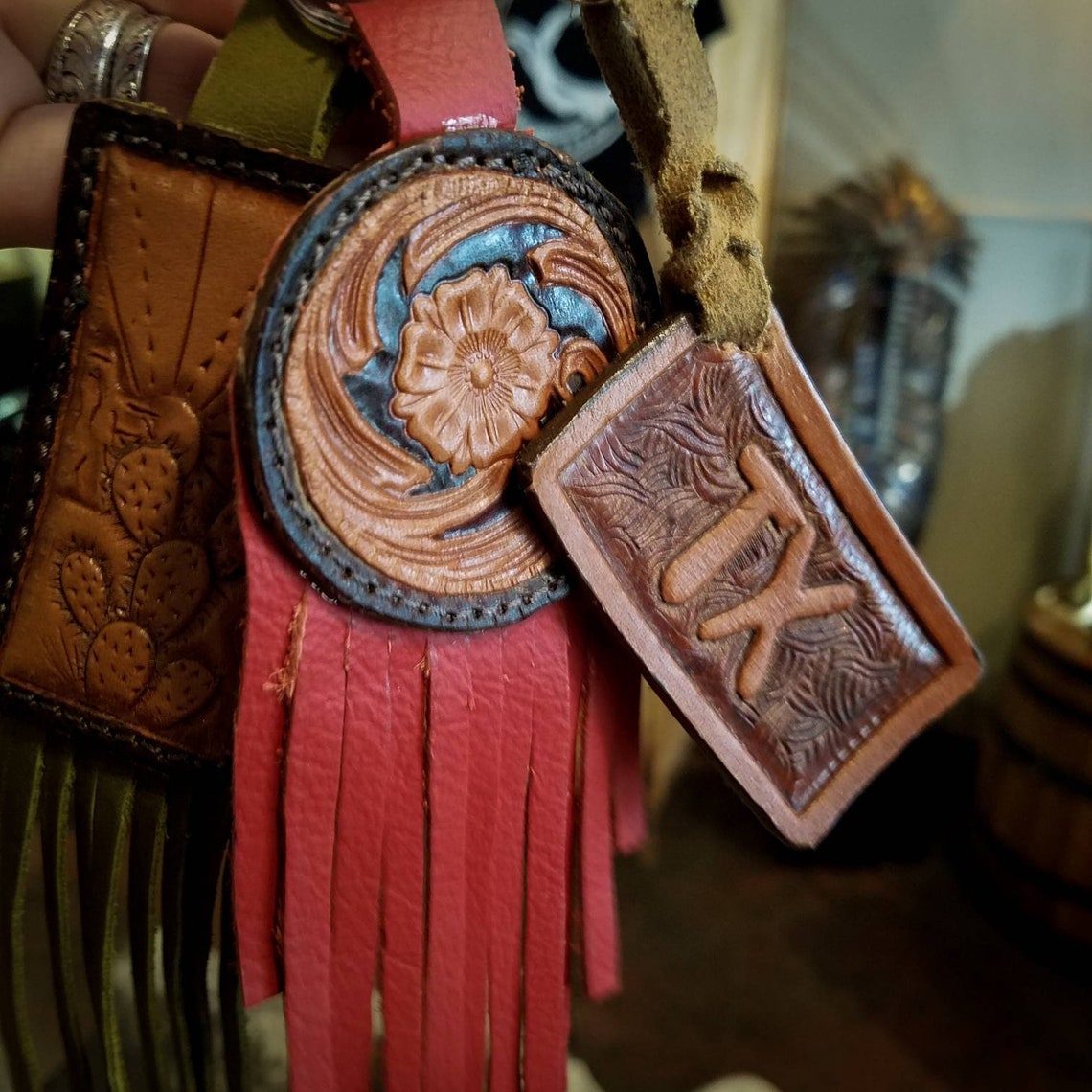 Prickly Pear Fringe Keychain/ Western Keychain/tooled Leather Keychain ...