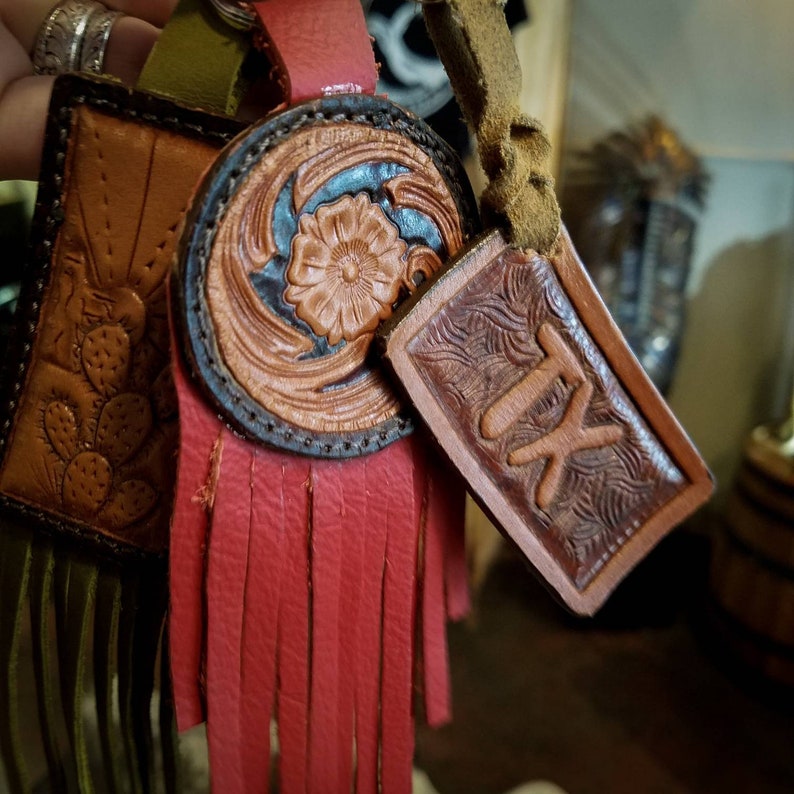 Prickly Pear Fringe Keychain/ Western Keychain/tooled Leather Keychain ...