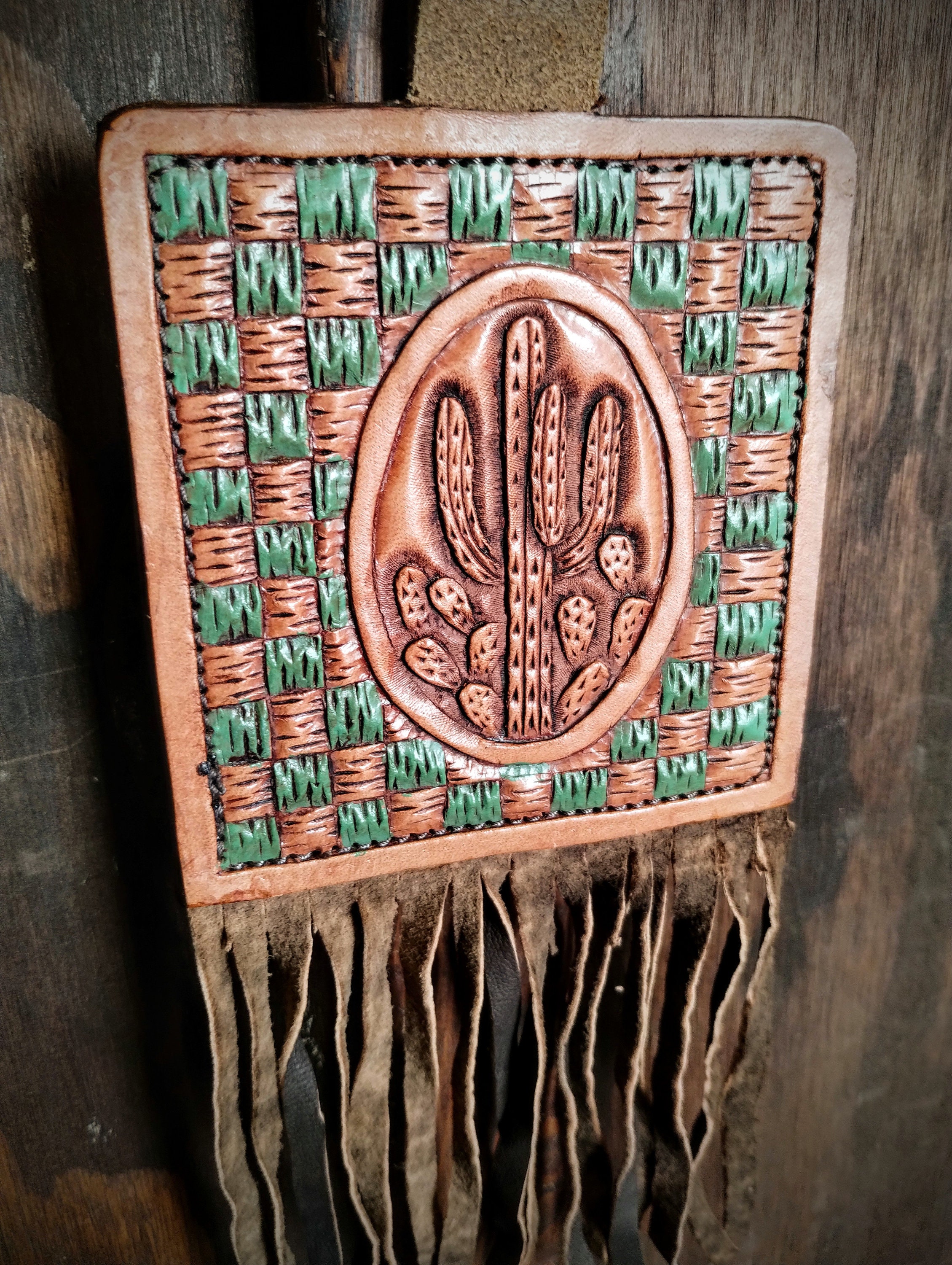 Tooled Leather Cactus Rearview Mirror/ Leather Wall Art/ Carved Leather ...