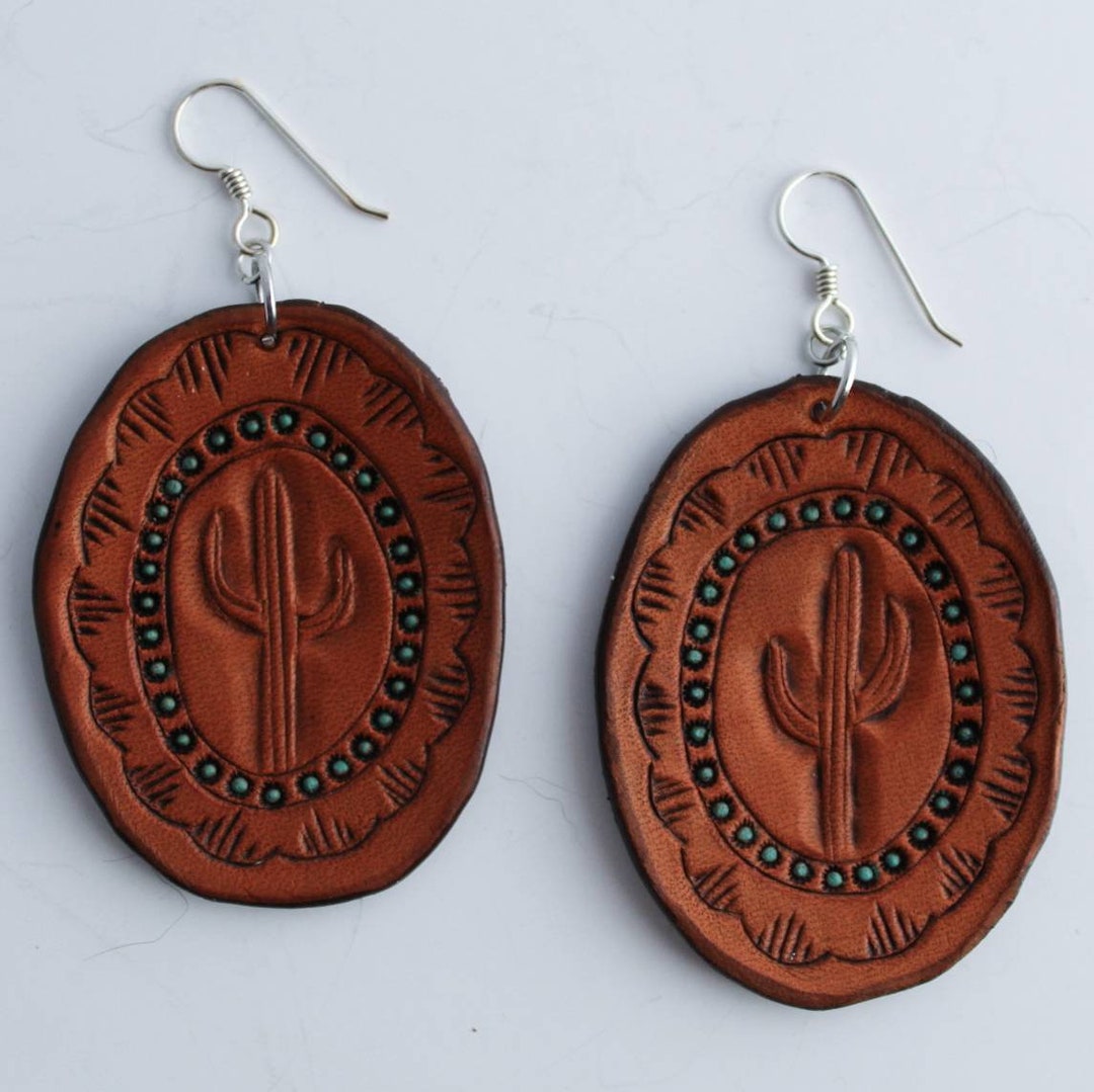 Tan and Turquoise Saguaro Cactus Concho Earrings/ Western Concho ...