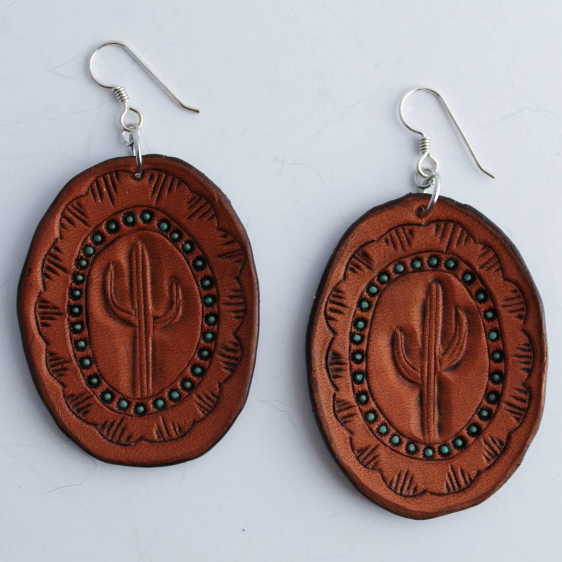Tan and Turquoise Saguaro Cactus Concho Earrings/ Western Concho ...