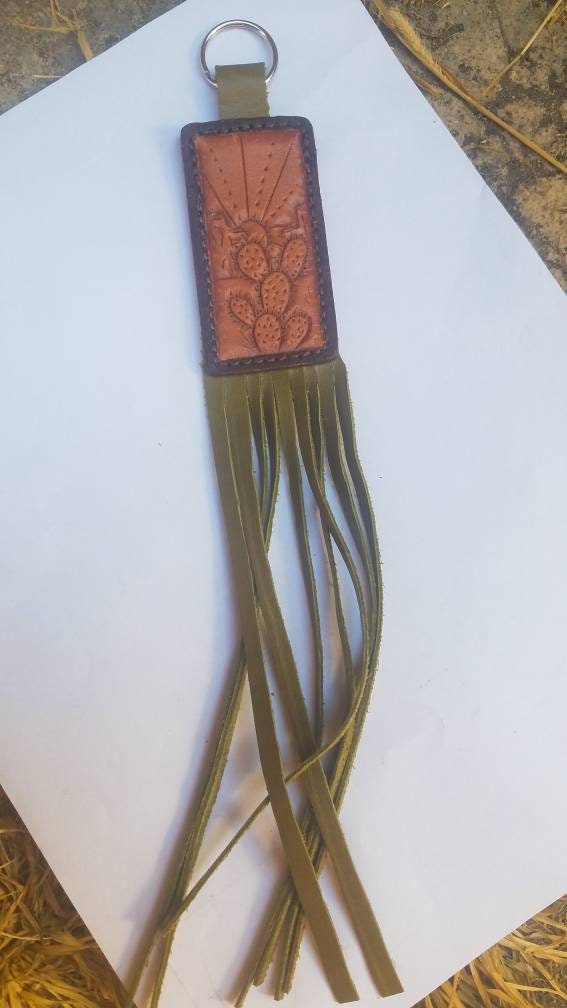 Prickly Pear Fringe Keychain/ Western Keychain/tooled Leather Keychain ...