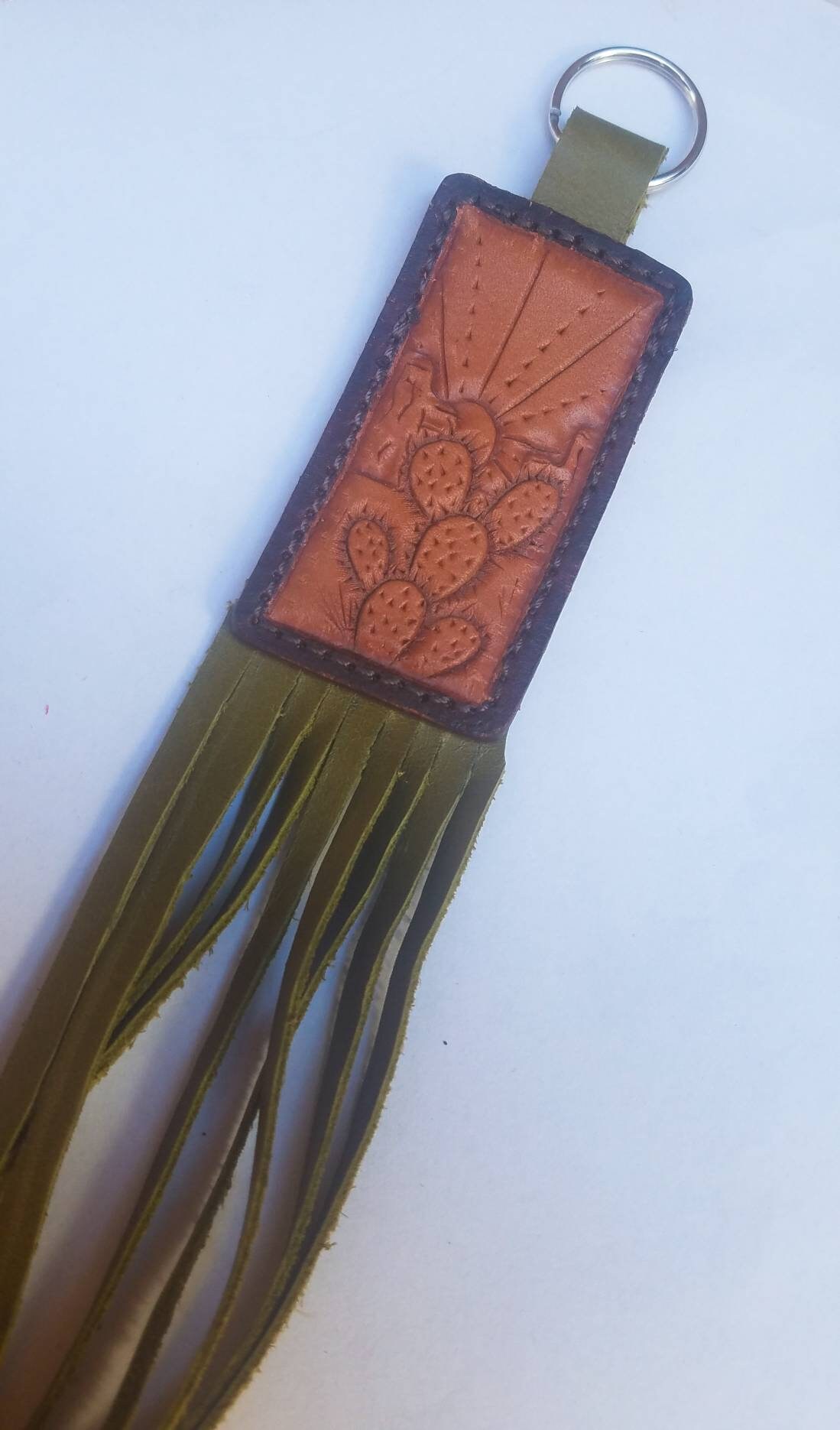 Prickly Pear Fringe Keychain/ Western Keychain/tooled Leather Keychain ...