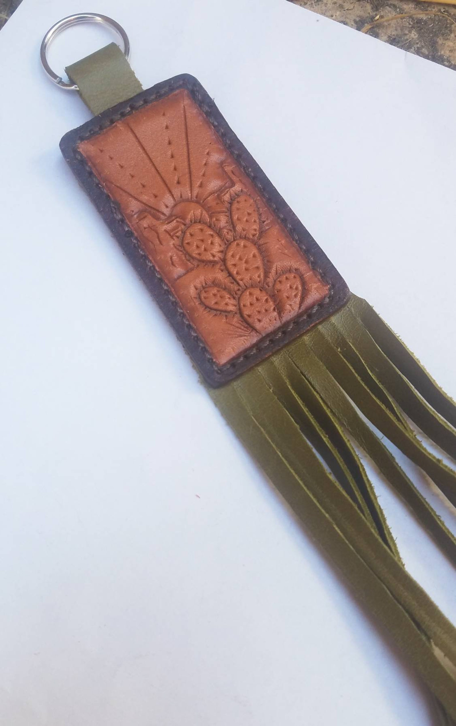 Prickly Pear Fringe Keychain/ Western Keychain/tooled Leather Keychain ...