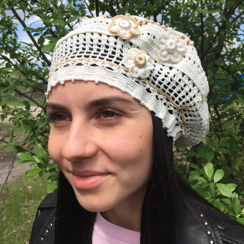 Crocheted Women Hat Handmade Beret Nude Cotton Hat Spring Etsy