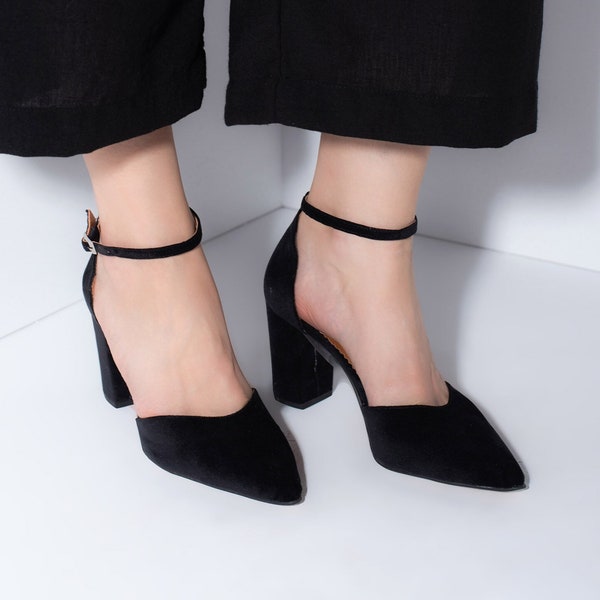 Black Velvet Block Heels - Etsy