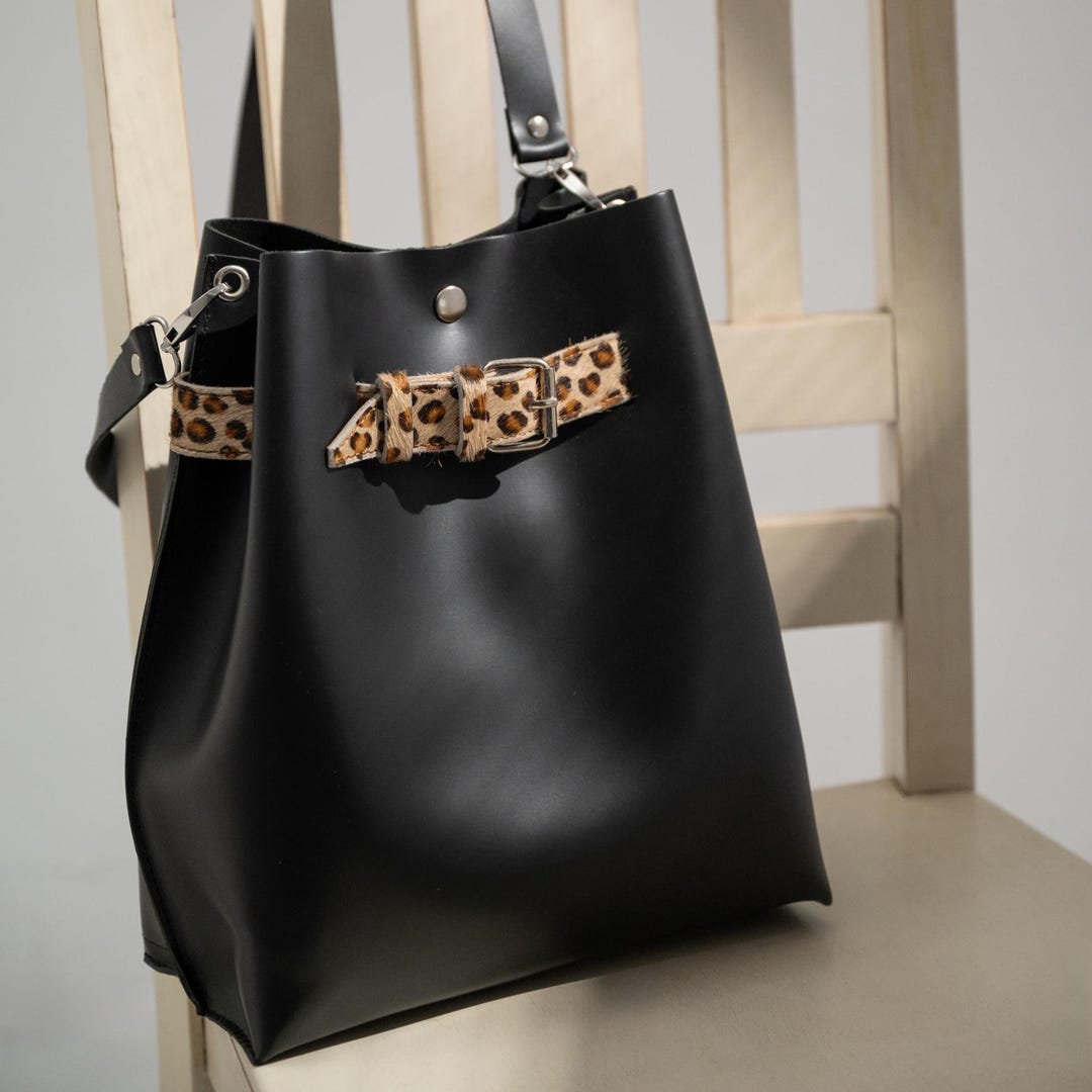 Handmade Leather Bucket Bag: Black Cinch Bag With Leopard Detail - Etsy