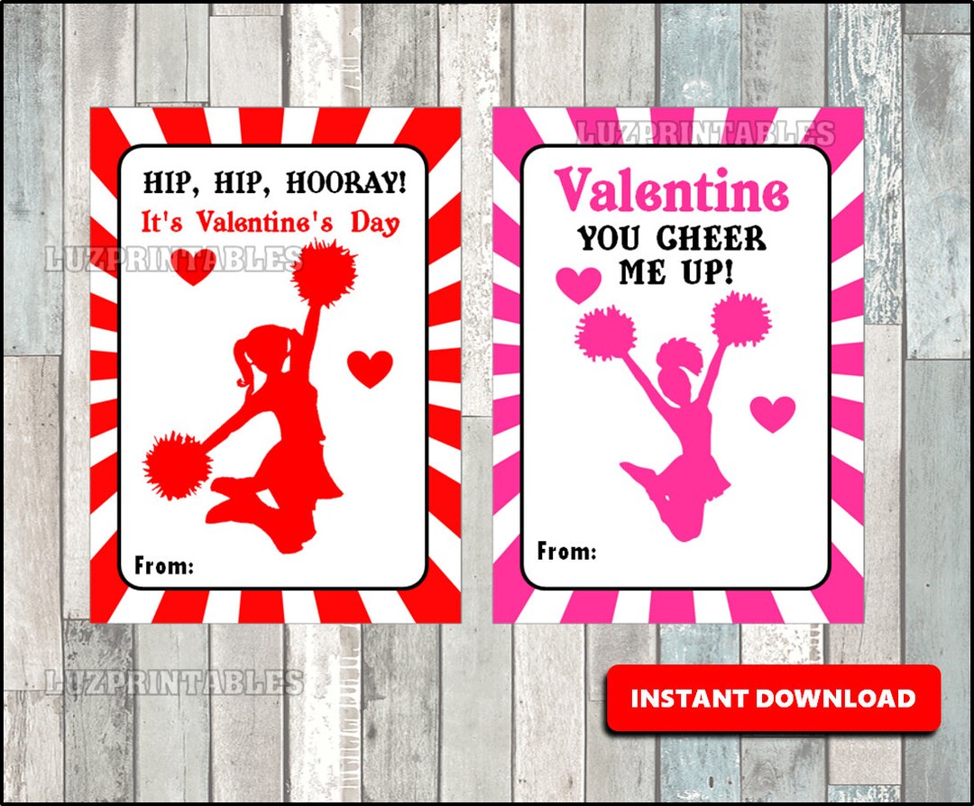 CHEER VALENTINES Cards, Printable Valentine Cards, Cheerleader Valentine Favor Tags, Instant ...