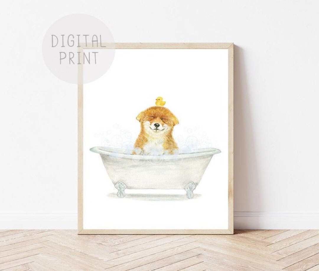 Baby Fox With Rubber Ducky in Vintage Bathtub, PRINTABLE, Bathroom Wall ...