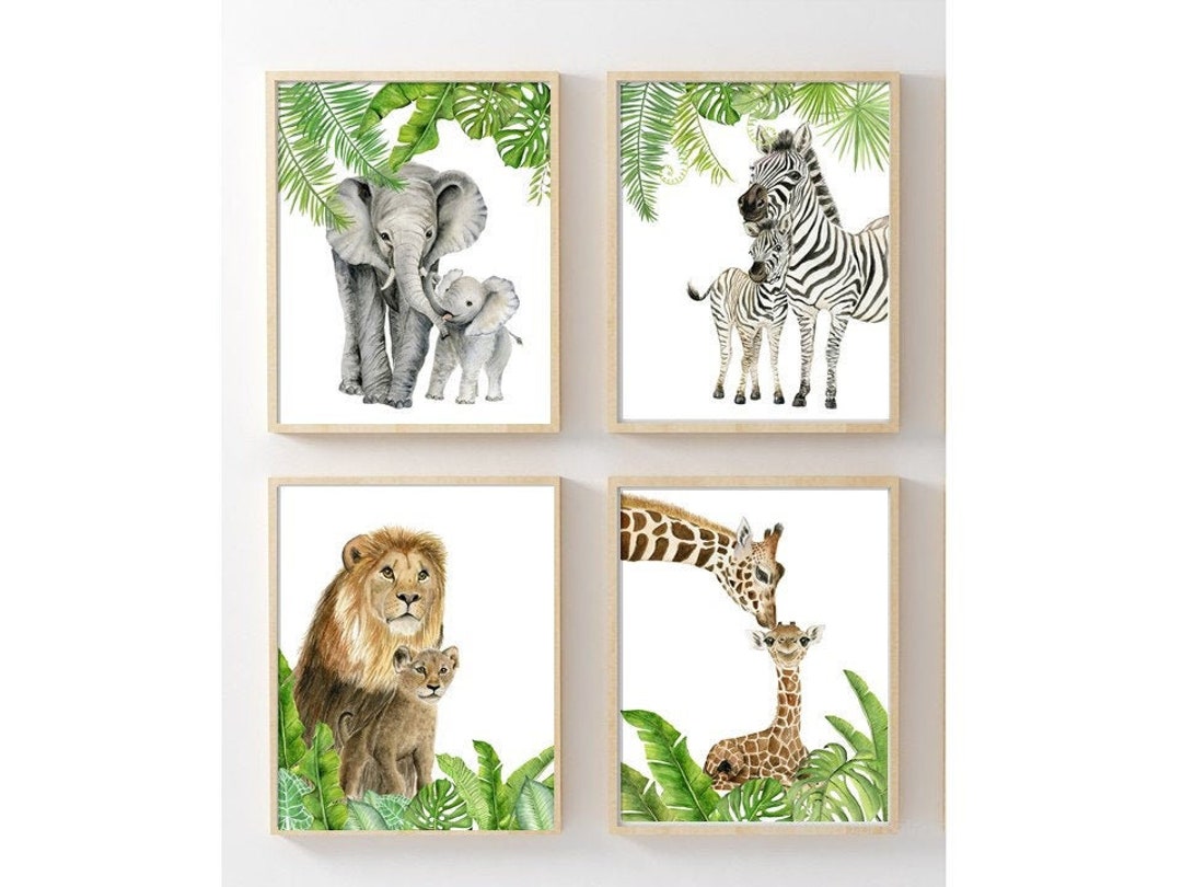 Set of 4 Giraffe Zebra Elephant Lion Nursery PRINTABLE Tropical Jungle ...