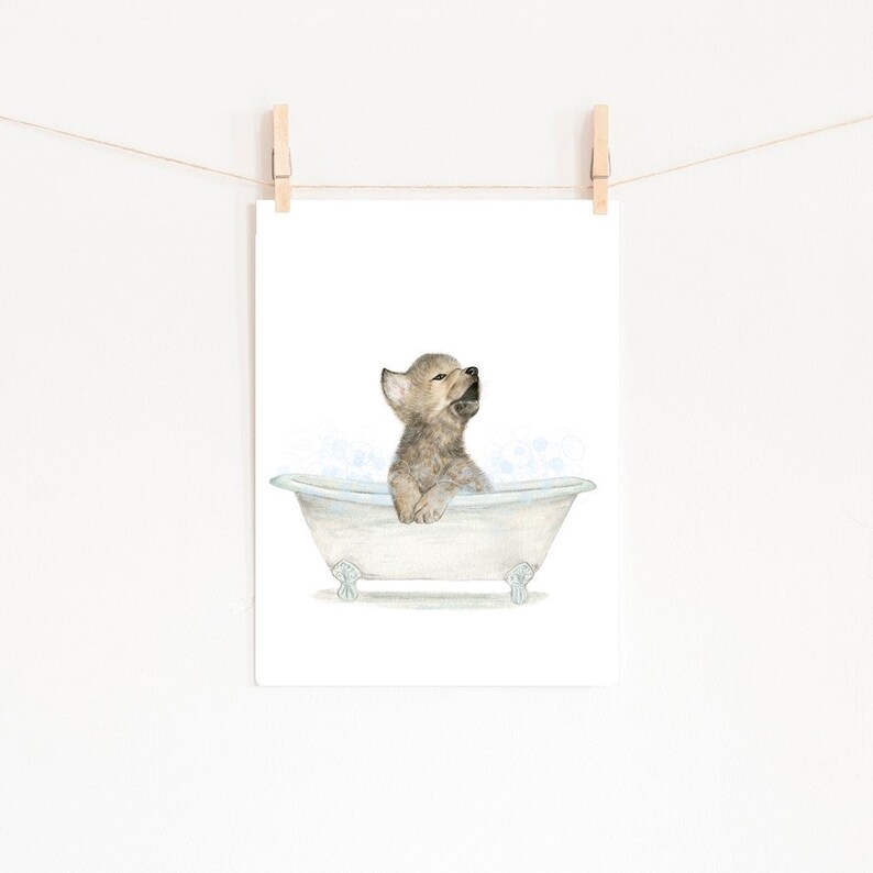 Wolf Cub in a Bathtub Print, Child's Bathroom Art PRINTABLE, Baby Wolf ...
