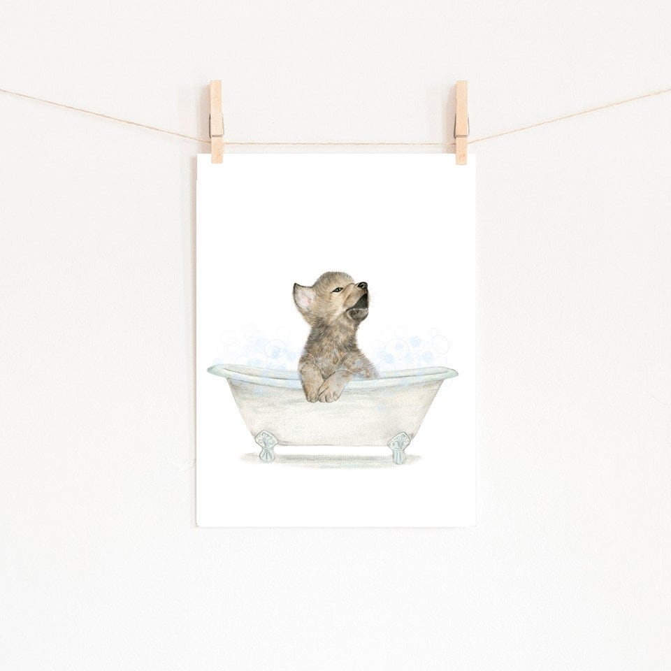 Wolf Cub in a Bathtub Print, Child's Bathroom Art PRINTABLE, Baby Wolf ...