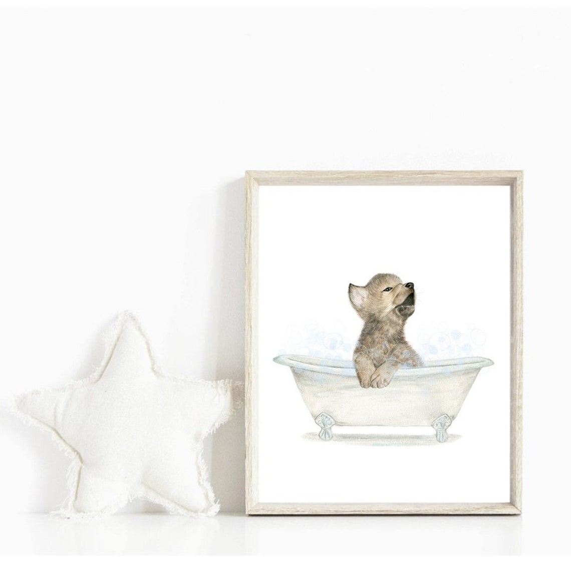 Wolf Cub in a Bathtub Print, Child's Bathroom Art PRINTABLE, Baby Wolf ...