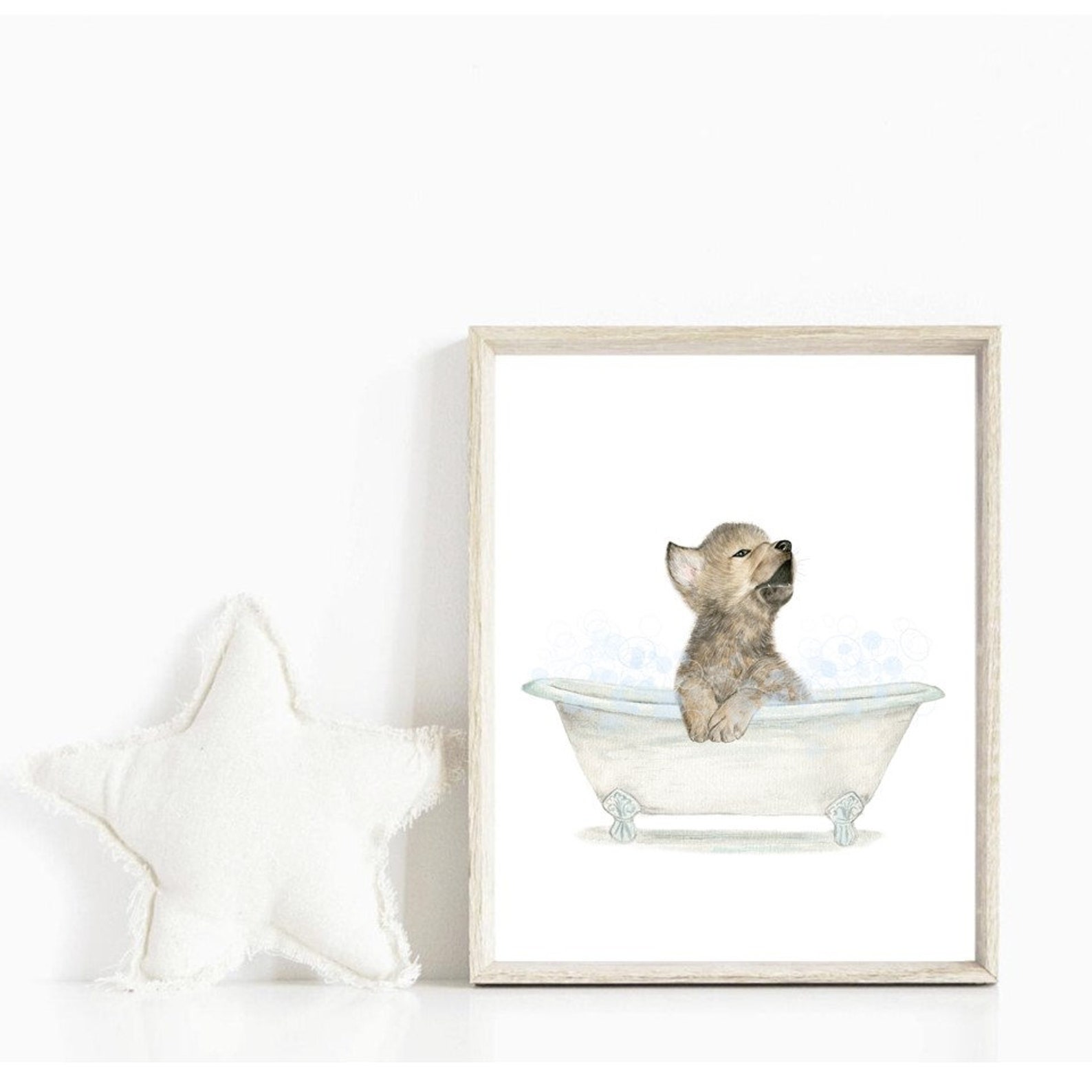Wolf Cub in a Bathtub Print, Child's Bathroom Art PRINTABLE, Baby Wolf ...