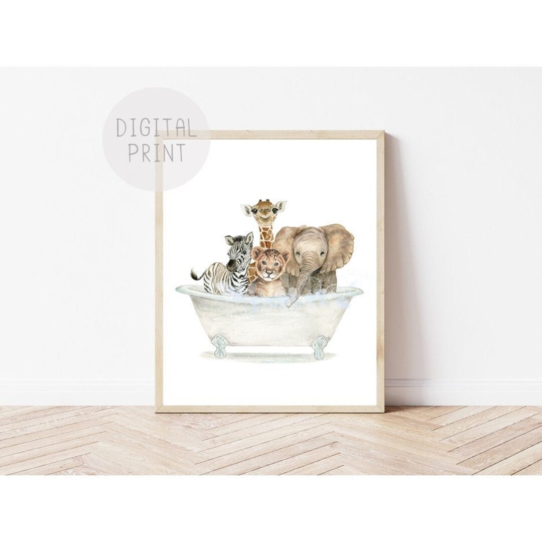 Safari Animals in a Vintage Bathtub, PRINTABLE, Bathroom Wall Art ...
