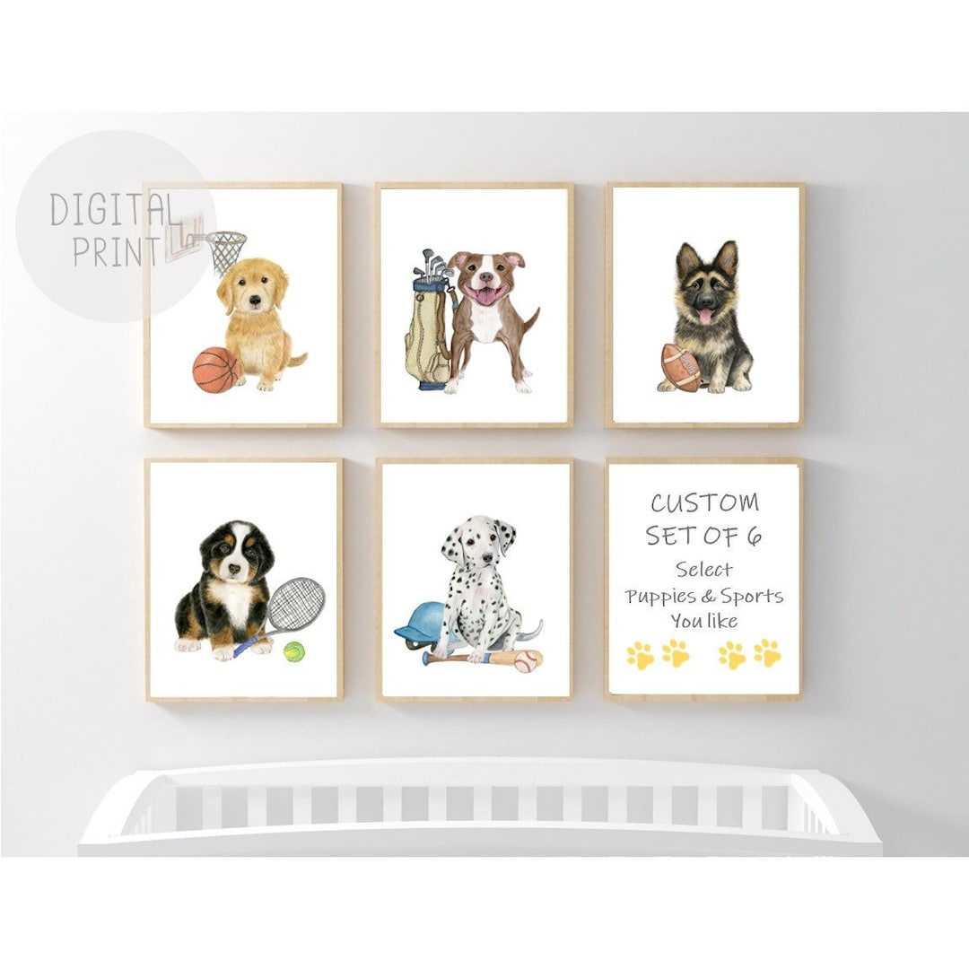Custom Set of 6 Puppy and Sports Prints, PRINTABLE, Nursery Wall Art ...