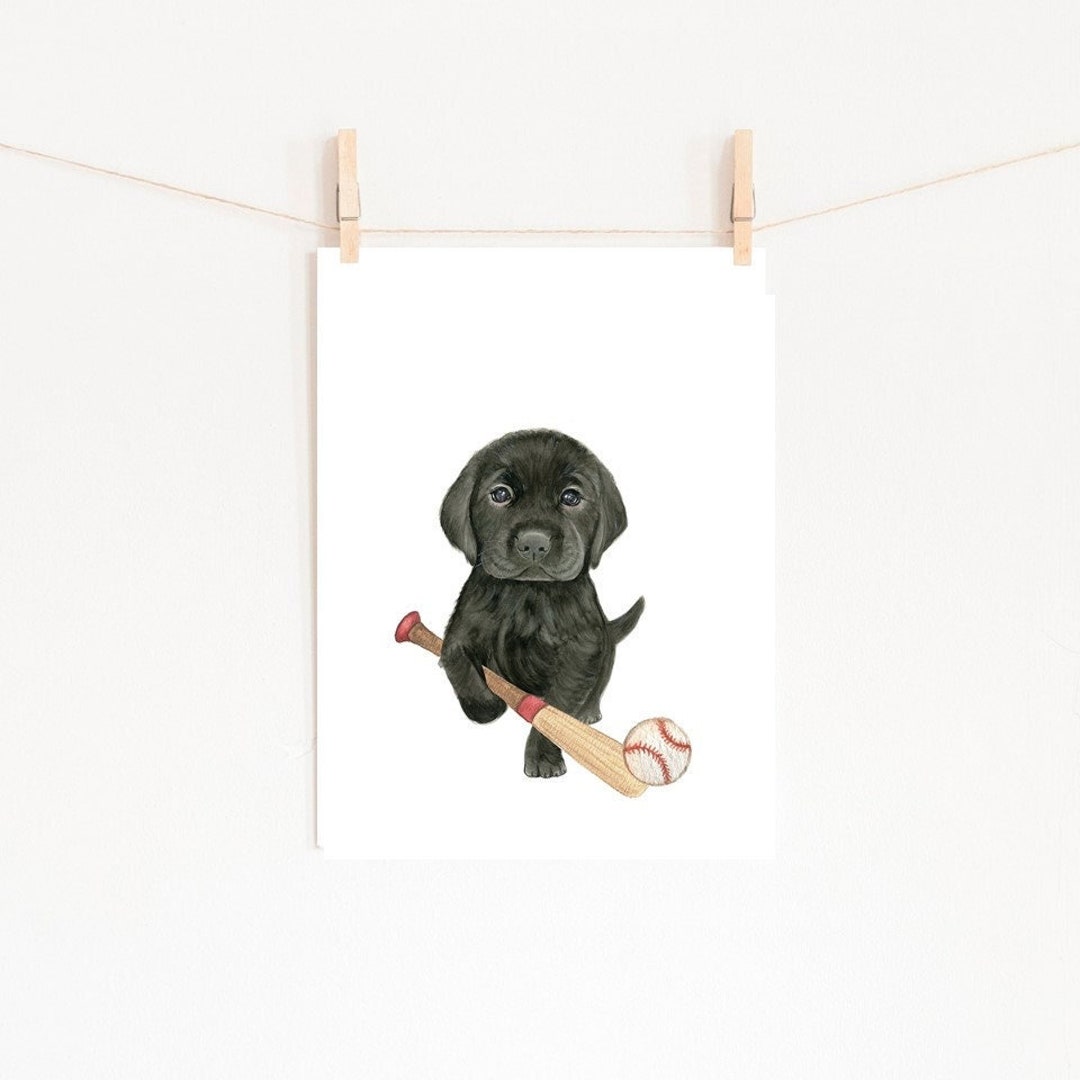 Black Lab Puppy Playing Baseball, PRINTABLE, Nursery Sports Art ...