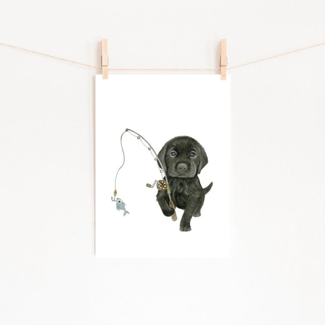 Puppy Fishing Nursery Print, PRINTABLE, Black Labrador Watercolor ...