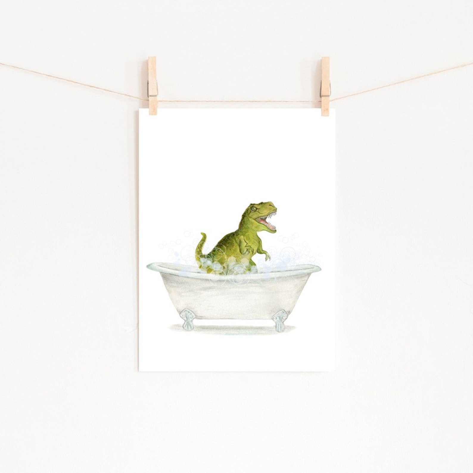 Dinosaur in Bathtub Watercolor Print, Kids Bathroom Decor (digital ...