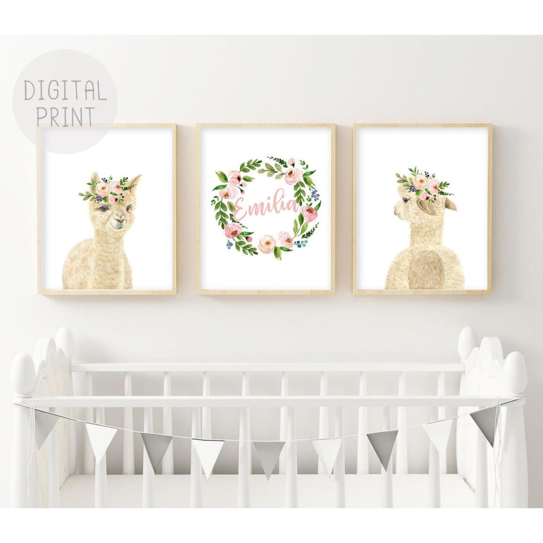 Custom Baby Name Alpaca Nursery Art, Floral Wreath PRINTABLE (digital ...