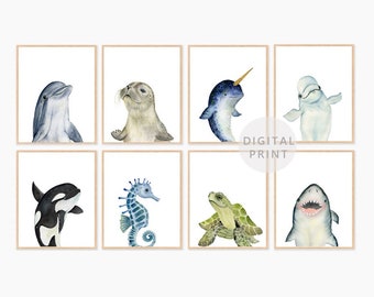 Ocean Animals Watercolor Painting 3 Print Set for Under the Sea Nursery ...