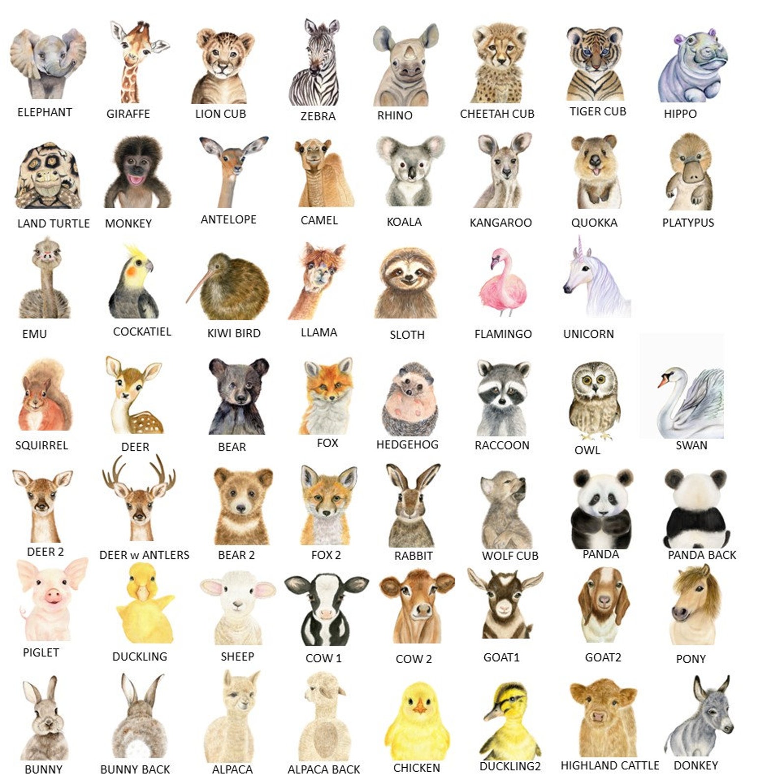 Custom Set of 6 Bubble Gum Animal Prints PRINTABLE Animals - Etsy