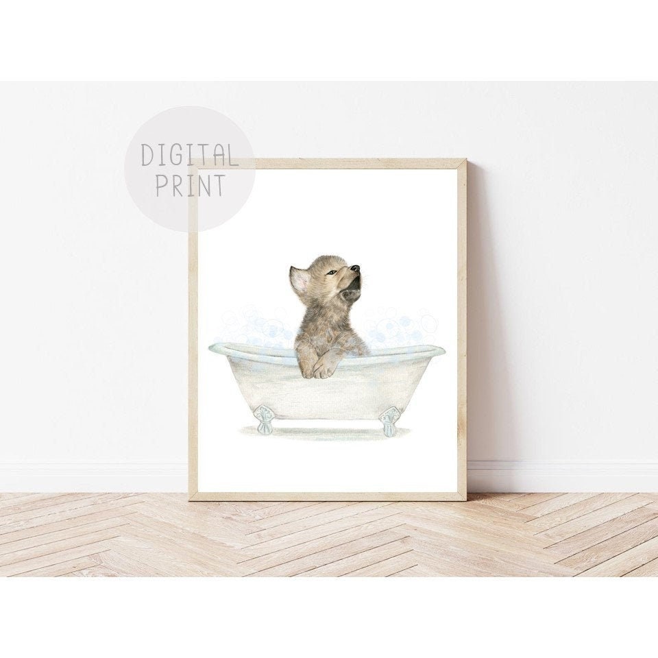 Wolf Cub in a Bathtub Print, Child's Bathroom Art PRINTABLE, Baby Wolf ...