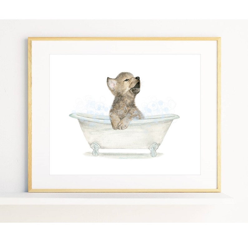 Wolf Cub in a Bathtub Print, Child's Bathroom Art PRINTABLE, Baby Wolf ...