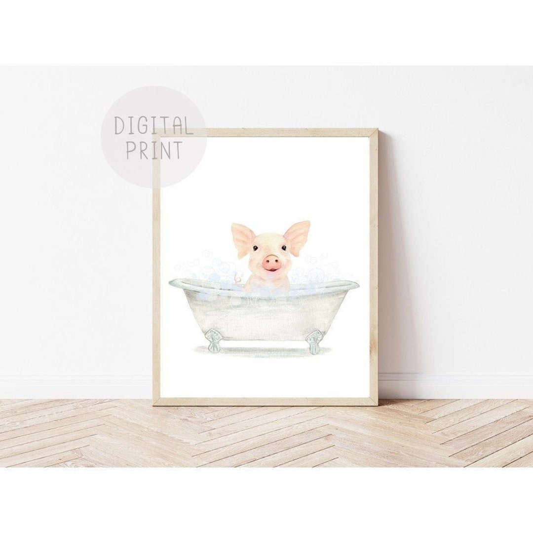 Piglet in a Bathtub Print, Bathroom Art PRINTABLE, Baby Pig Taking a ...