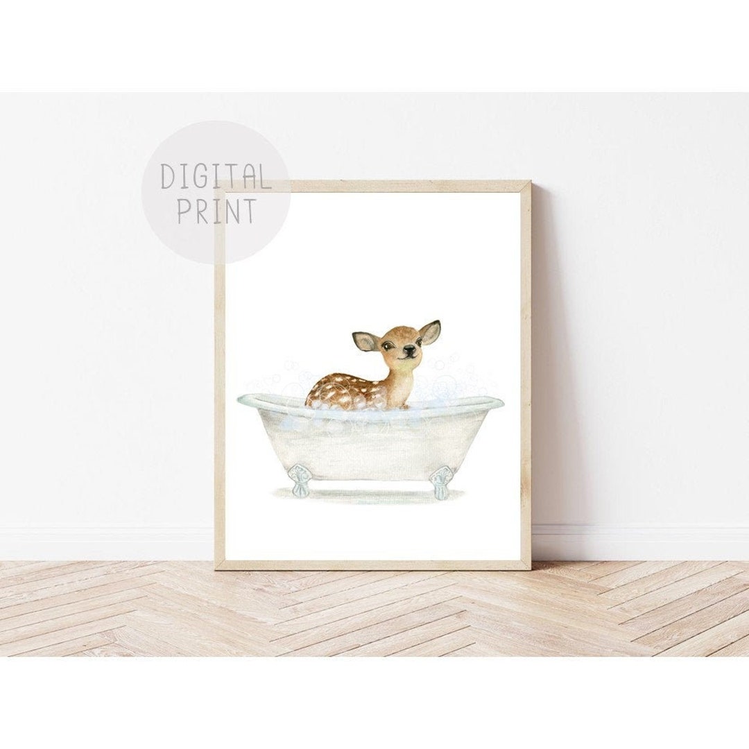 Baby Deer in Bathtub Watercolor Print, Nursery Bathroom Art (digital ...