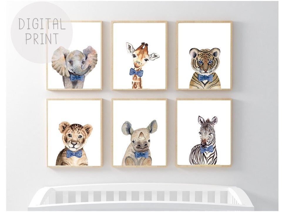 Set of 6 Safari Nursery DIGITAL Print Baby Animals With Navy Blue Bow ...
