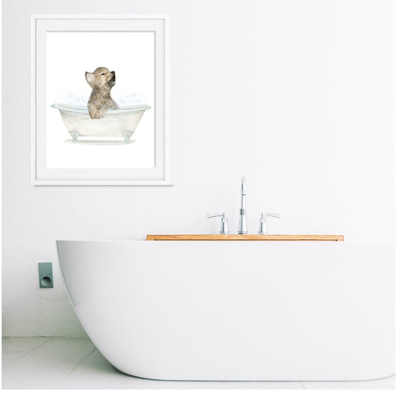 Wolf Cub in a Bathtub Print Child's Bathroom Art | Etsy