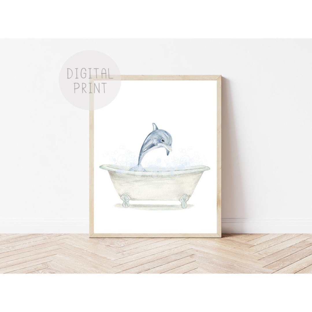 Dolphin in Bathtub Watercolor Print, Kids Bathroom Art (digital ...