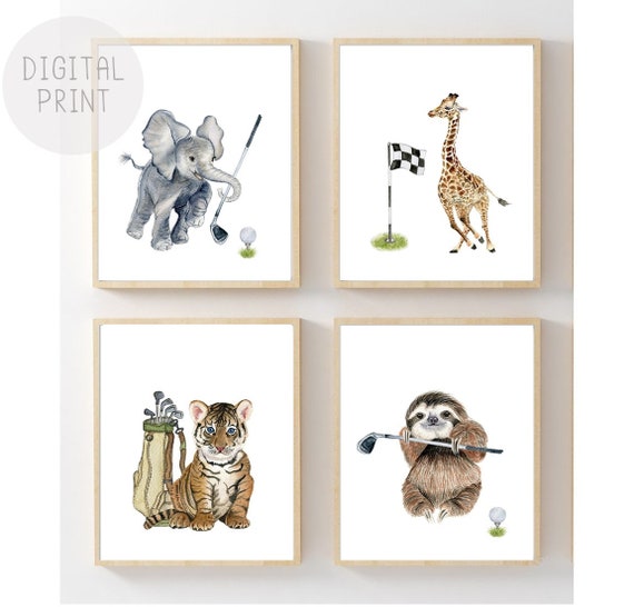 Set of 4 Golf Watercolor Painting Animals Playing Golf Baby | Etsy