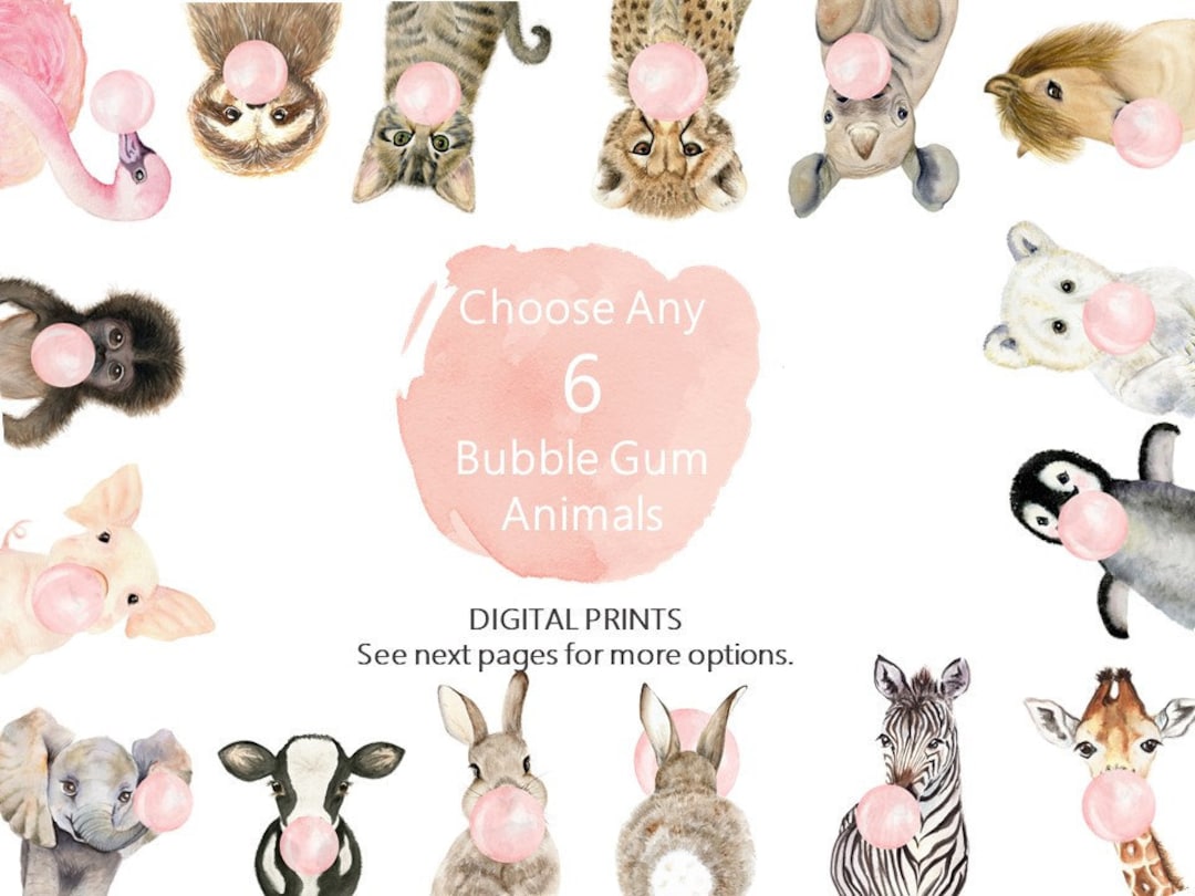 Custom Set of 6 Bubble Gum Animal Prints, PRINTABLE, Animals With ...