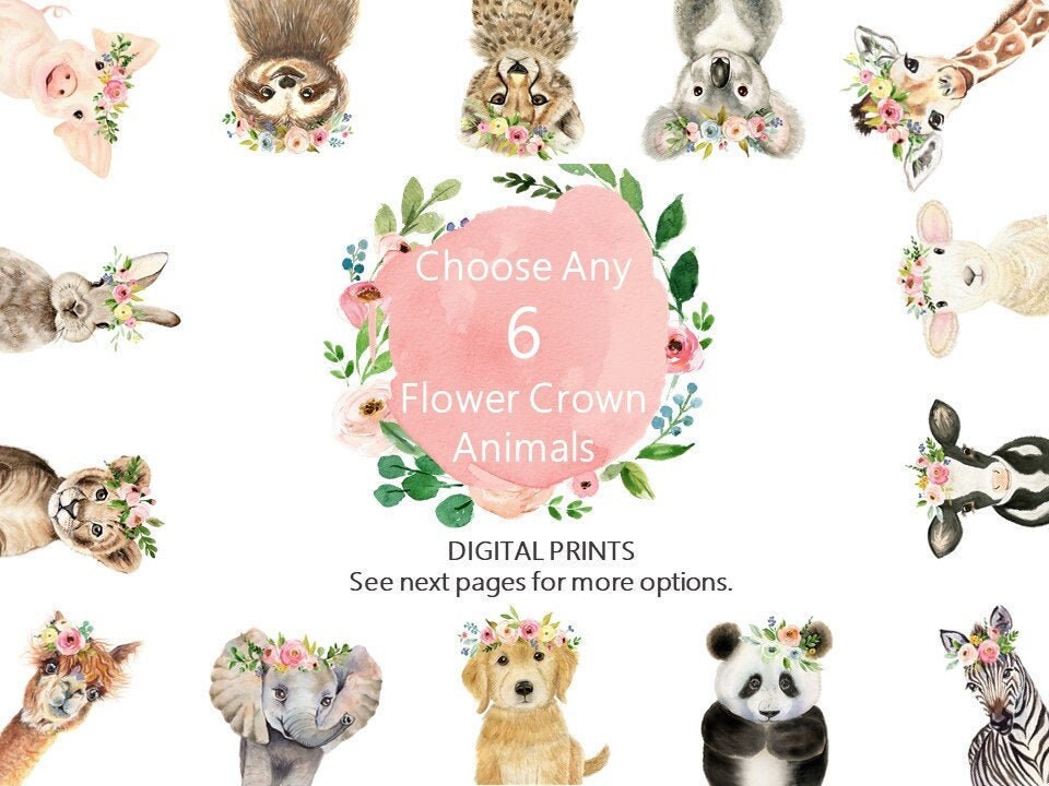 Personalized Set of 6 Flower Crown Animal Prints PRINTABLE - Etsy