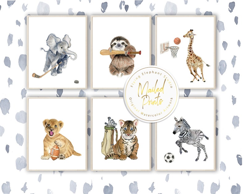 Animals Playing Sports Prints, Set of 6 Sports Theme Nursery Wall Art ...