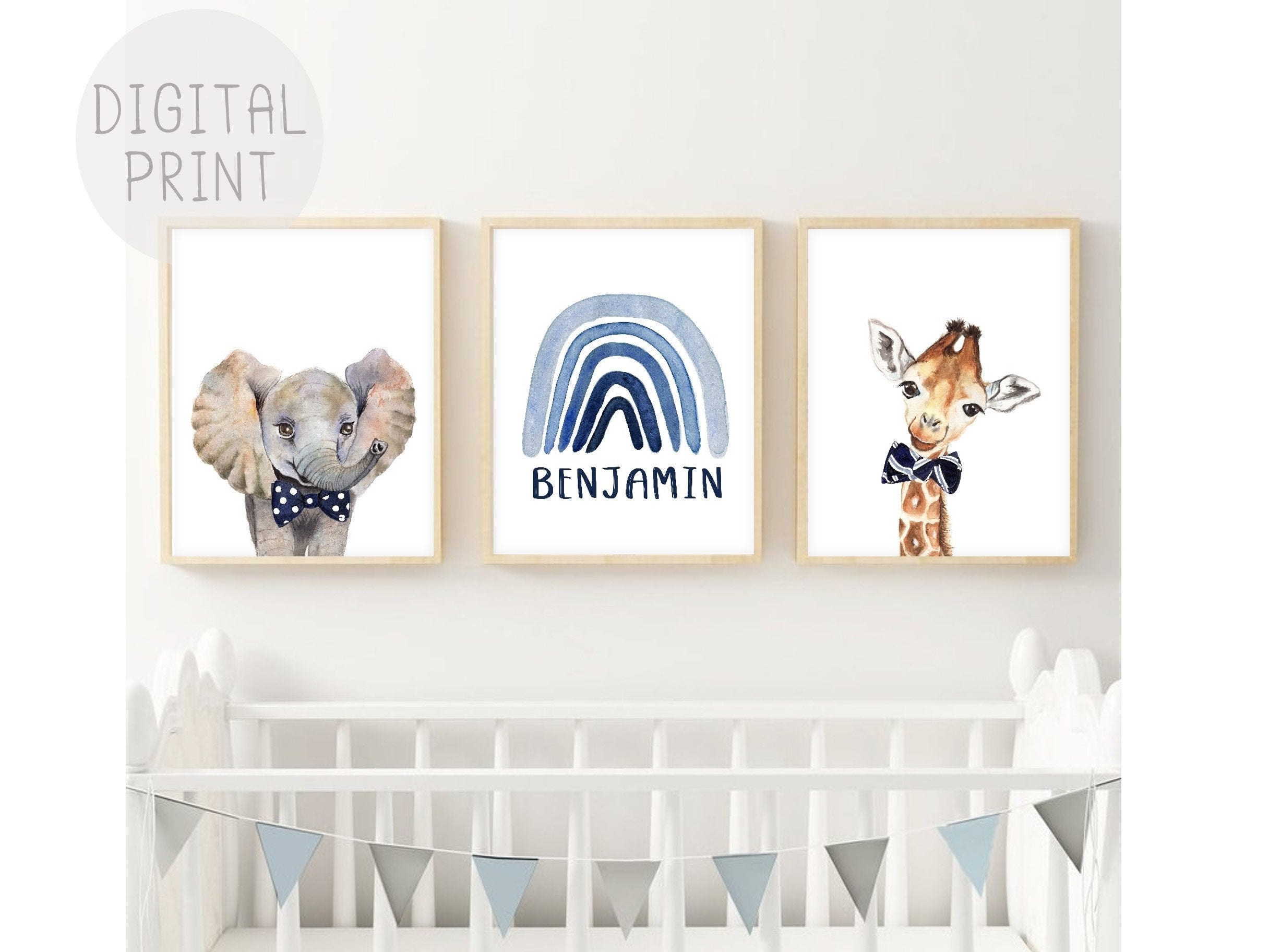 Custom Baby Boy Name PRINTABLE Art Navy Blue Nursery Prints Rainbow ...