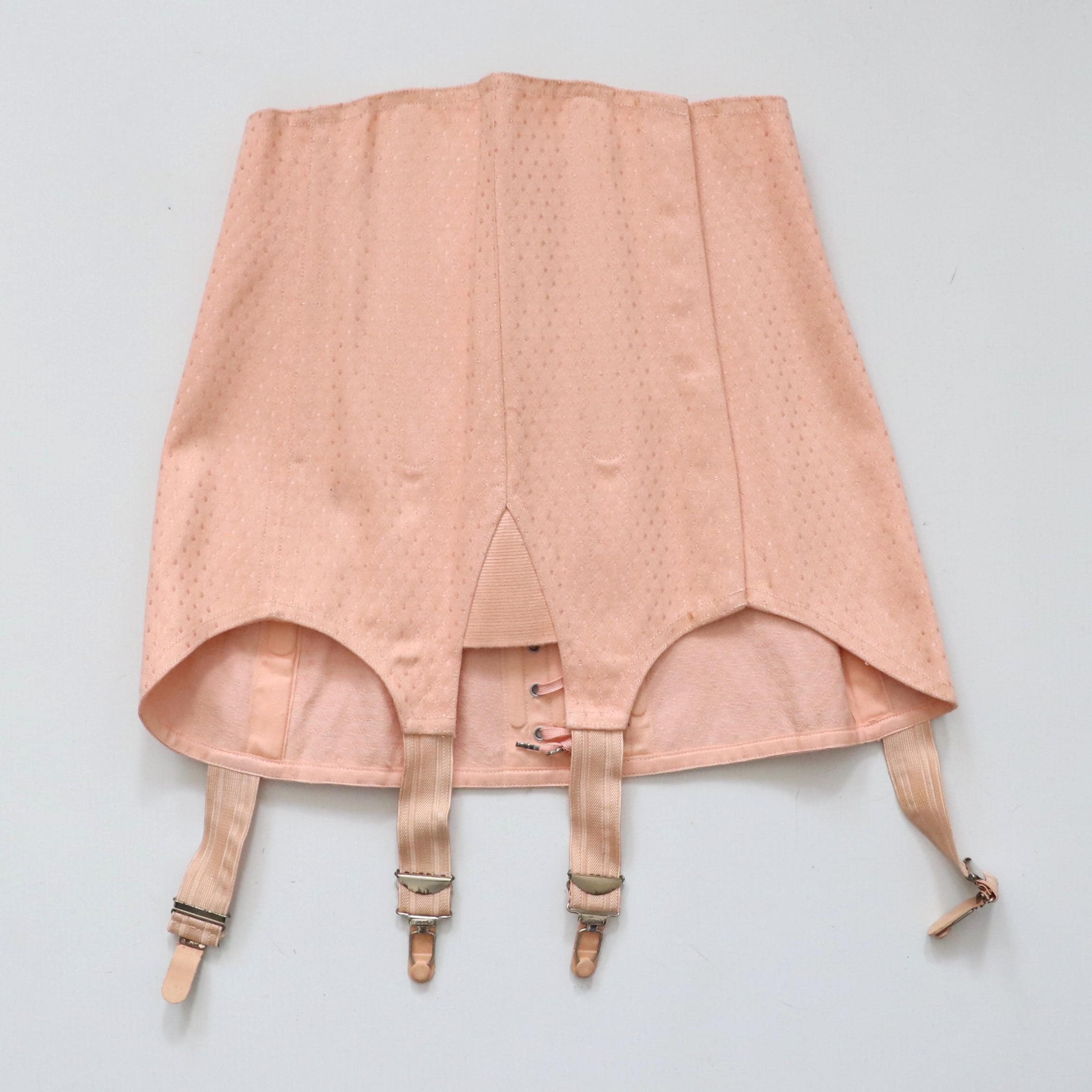 C1940s C1950s Vintage Pink Spot Coutil Corset Girdle With Back Lacing