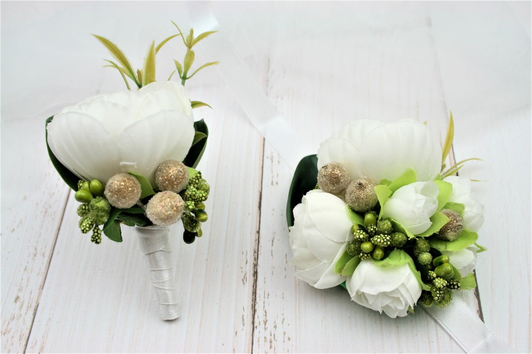 Handmade White Floral Corsage and Boutonniere Set: Wedding Prom Flowers ...