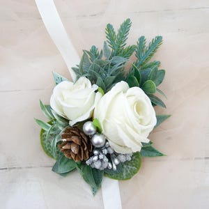Elegant Winter Wedding Corsage With Silver Berries, Roses, Pine Cone ...