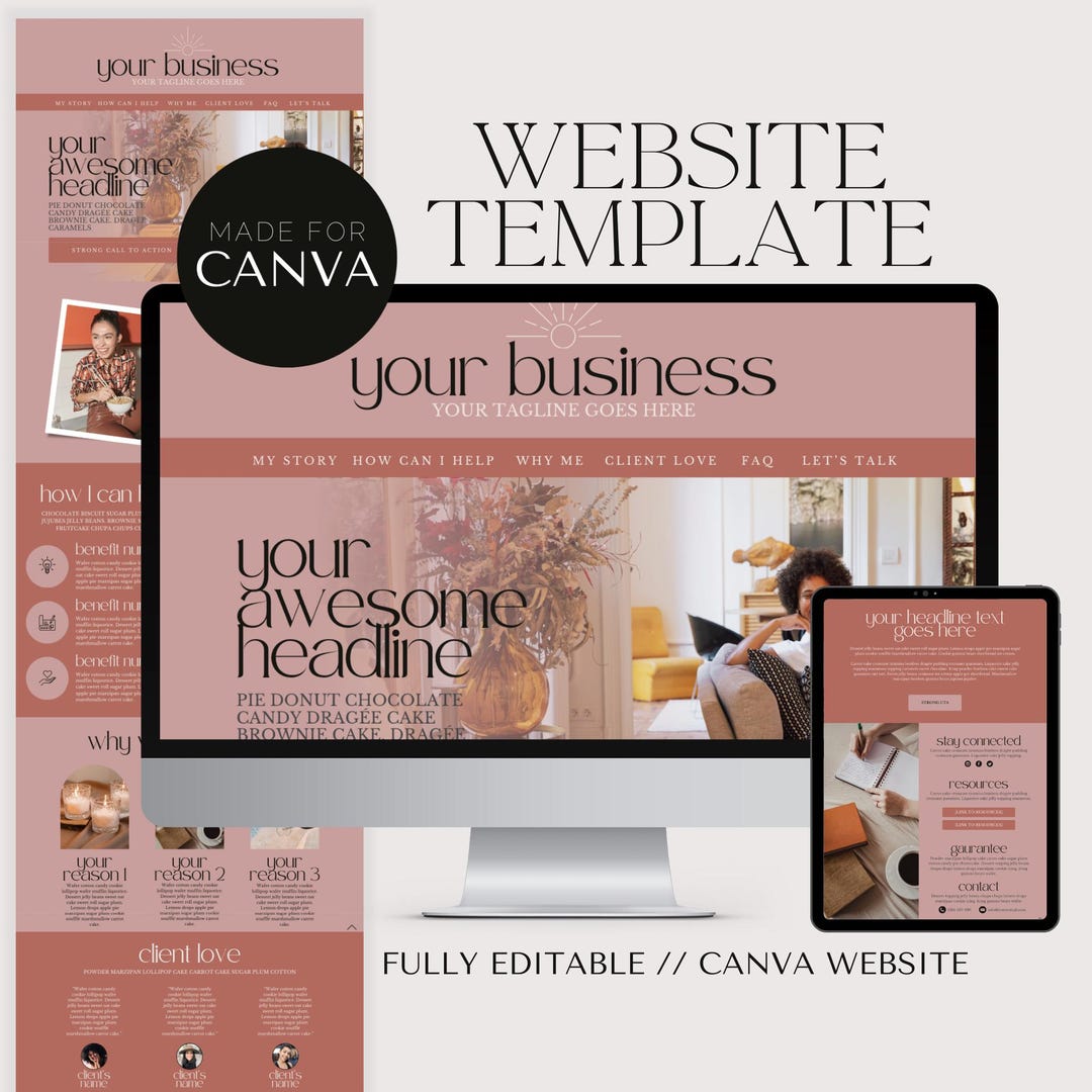 Rose Gold Website Template for Canva, Customizable One Page Website for ...