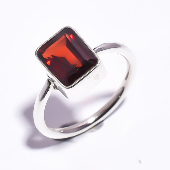 Natural Red Garnet Rectangle Shape Silver Ring 925 Solid | Etsy