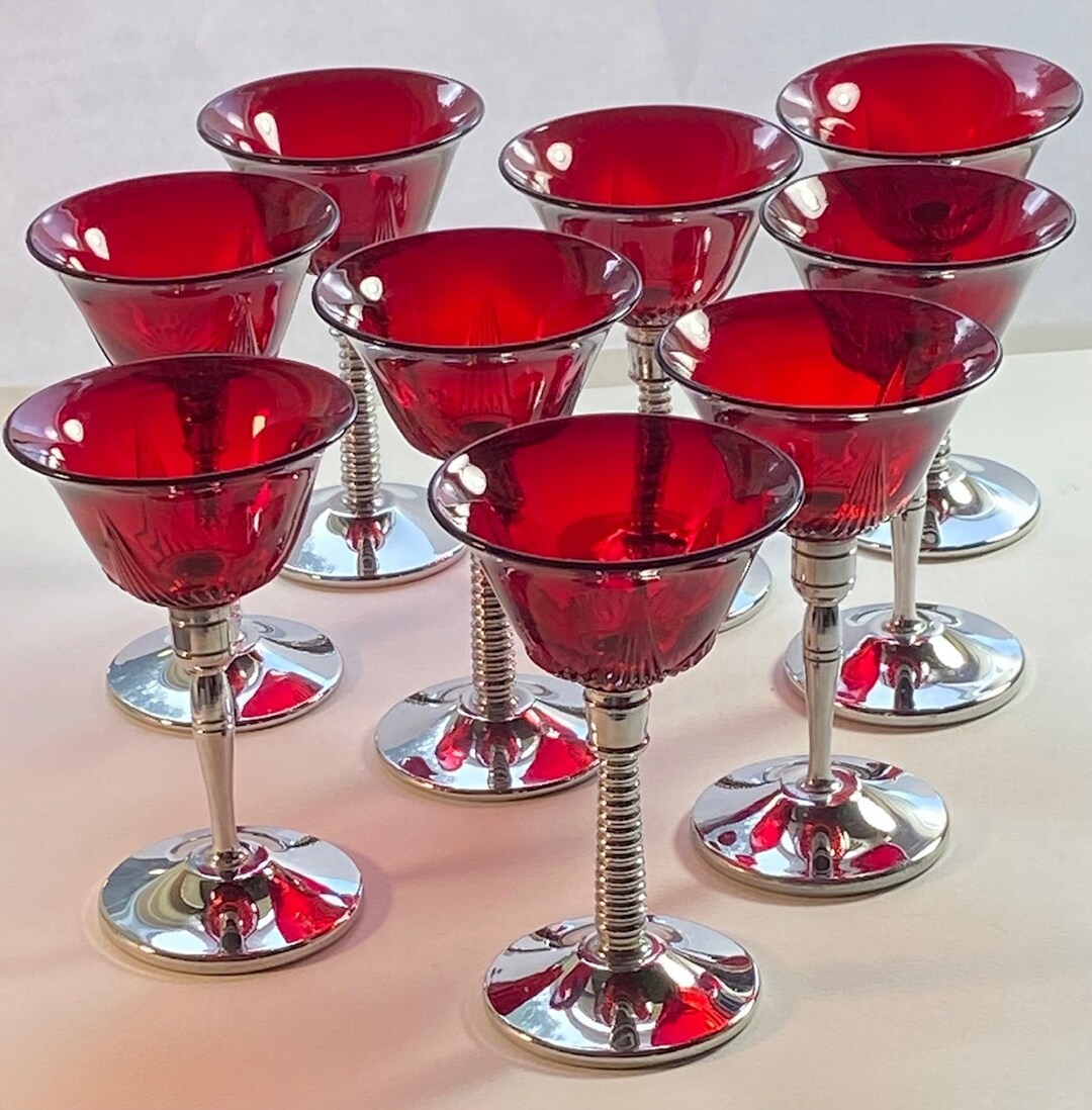 Ruby Red Cocktailcordial Glasses Cut Design With Keystoneware Chrome Stems And Bases 1930s