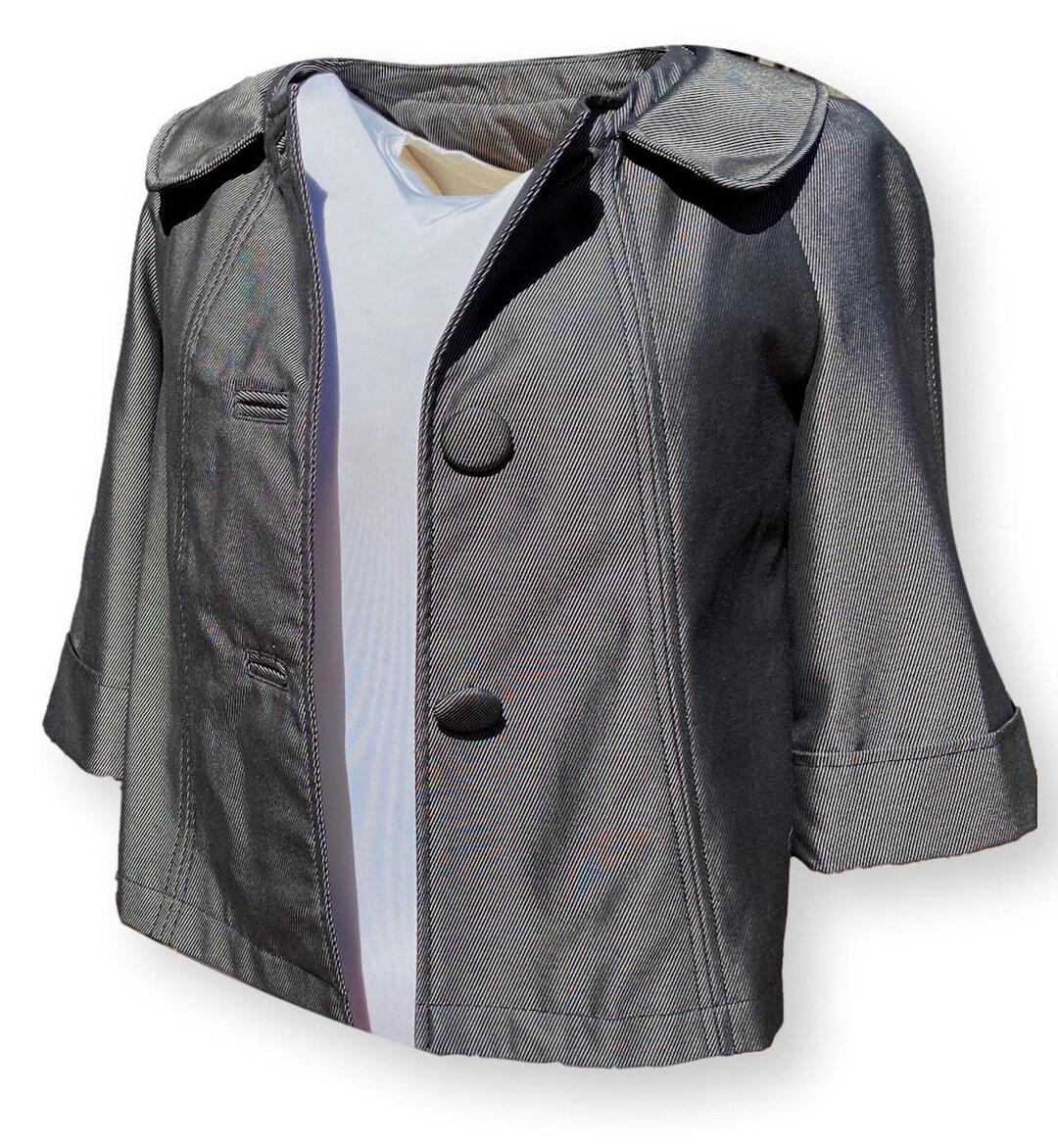 Charcoal Gray Crop Swing Jacket: 3/4 Sleeve, Round Collar, Size Small ...