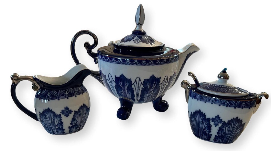Bombay Co Grace Cobalt Blue Teapot Set: Arabesque Platinum Trim - Etsy